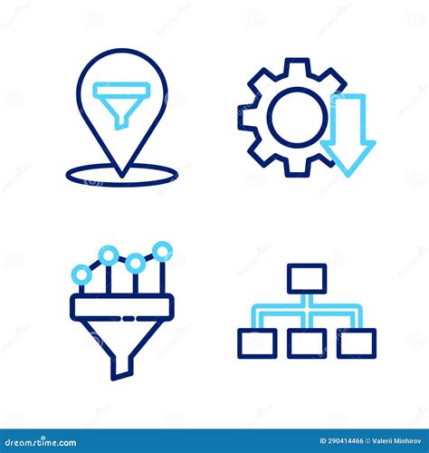 Set Line Hierarchy Organogram Chart, Sales Funnel with, Cost Reduction and Location Sales Icon ...