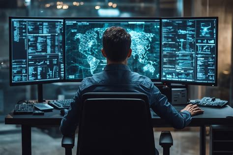 Hacker Working On Multiple Monitors Premium Ai Generated Image