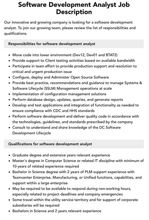 Software Development Analyst Job Description Velvet Jobs