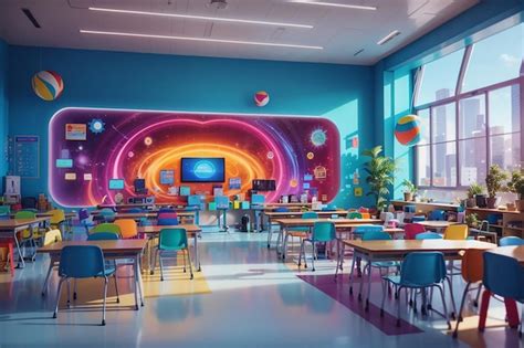 Premium Ai Image A Classroom Of The Future With A Vibrant Colorful Atmosphere And A Variety Of