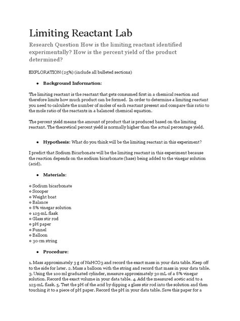 Limiting Reactant Lab Pdf Sodium Bicarbonate Chemical Reactions