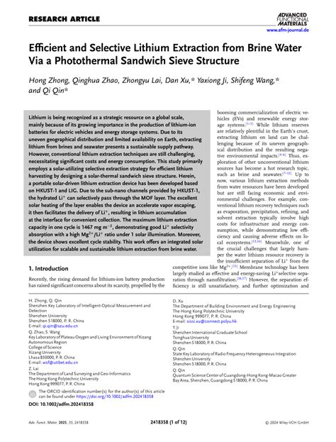 Efficient And Selective Lithium Extraction From Brine Water Via A Photothermal Sandwich Sieve