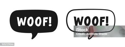 말풍선 풍선 윤곽선과 실루엣 세트에 있는 Woof 텍스트 만화 만화 개 짖는 소리 효과 레터링 간단한 플랫 벡터 그림입니다 Onomatopoeia에 대한 스톡 벡터 아트 및