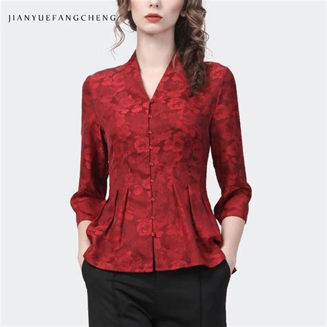 Women Red Jacquard Flowers Shirt Long Sleeve V Neck Spring Summer Tops