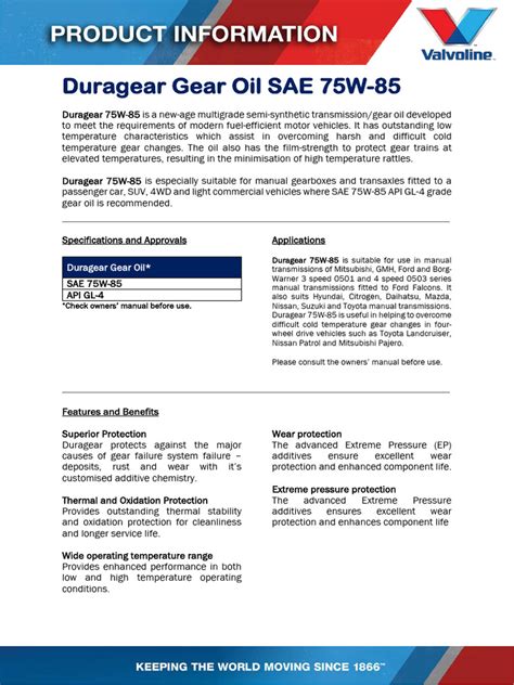 Valvoline Duragear75w 85 Pisheet Pdf Manual Transmission Motor