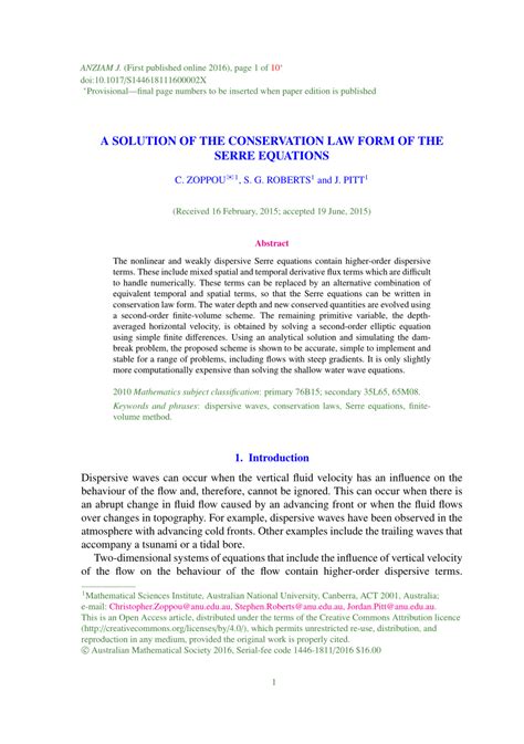 Pdf A Solution Of The Conservation Law Form Of The Serre Equations