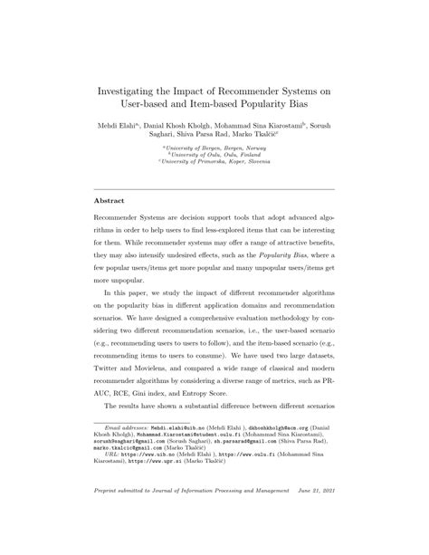 Pdf Investigating The Impact Of Recommender Systems On User Based And Item Based Popularity Bias
