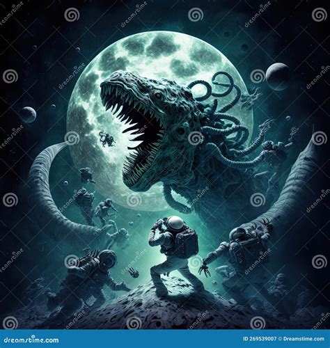 Astronauts Fighting Giant Monster From Lovecraft Nightmare Generative AI Royalty Free Stock