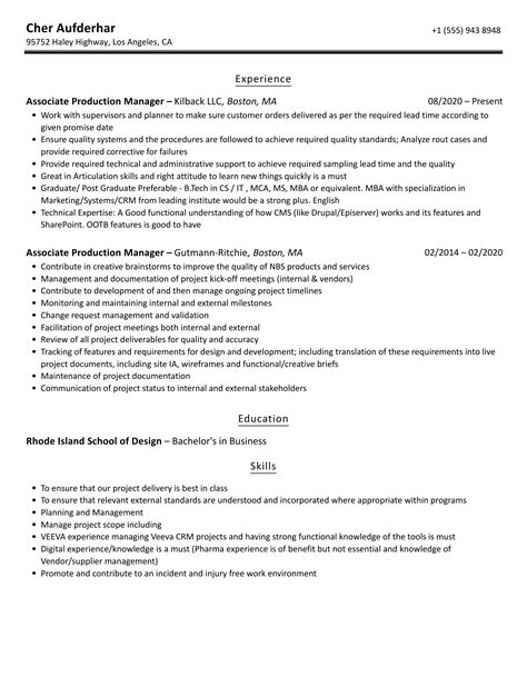 Associate Production Manager Resume Samples Velvet Jobs