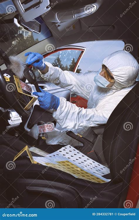Csi Searching And Developing Of Fingerprints On Place Of Murder In Car Stock Image Image Of