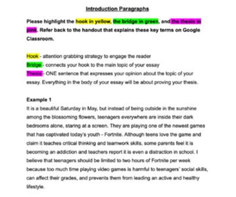 Identifying Hook Bridge And Thesis Statement In Introduction Paragraphs