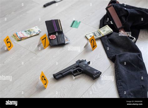 Crime Scene Investigation Numbering Of Evidences After The Murdering In Apartment Brass