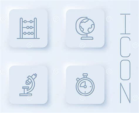 Set Line Abacus Earth Globe Microscope And Stopwatch White Square Button Vector Stock Vector