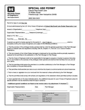 Fillable Online Nae Usace Army Special Use Permit Form New England District U S Army Nae