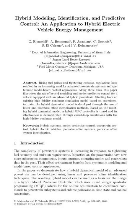(PDF) Hybrid Modeling, Identiﬁcation, and Predictive Control: An ...cse.lab.imtlucca.it ...