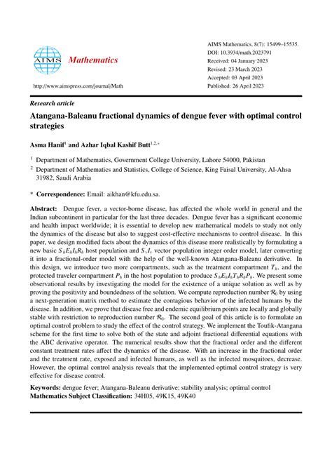 Pdf Atangana Baleanu Fractional Dynamics Of Dengue Fever With Optimal