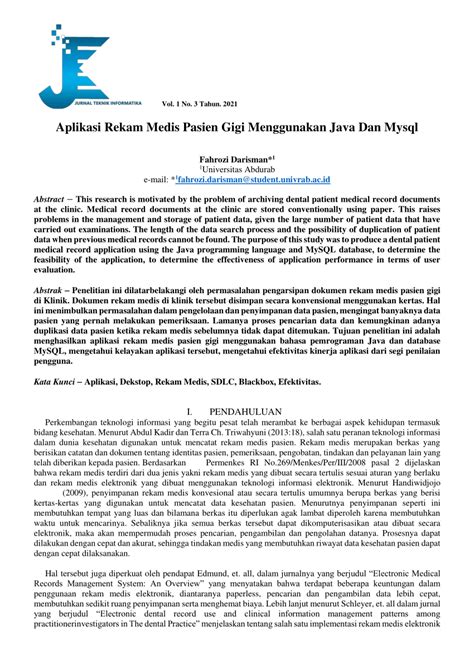Pdf Rancang Bangun Aplikasi Rekam Medis Pasien Gigi Menggunakan Java Dan Mysql