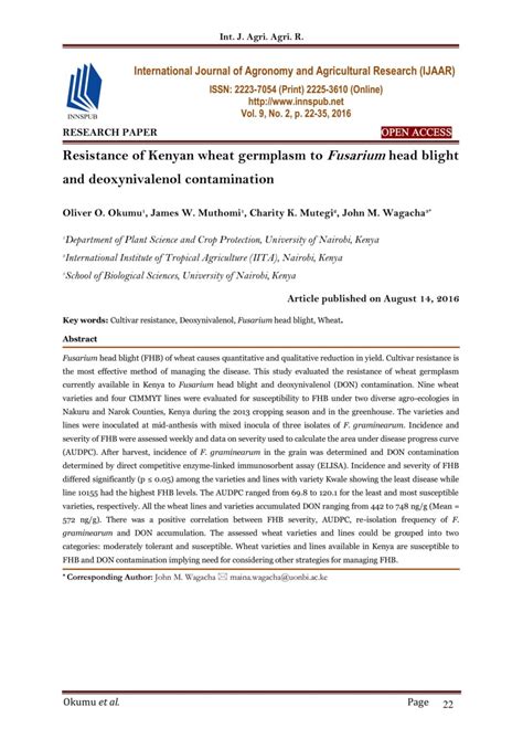 Resistance Of Kenyan Wheat Germplasm To Fusarium Head Blight And