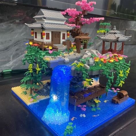 Waterfall Japanese House Sakura Tree Floating Island Nano Building Blo Sakura Tree Peach