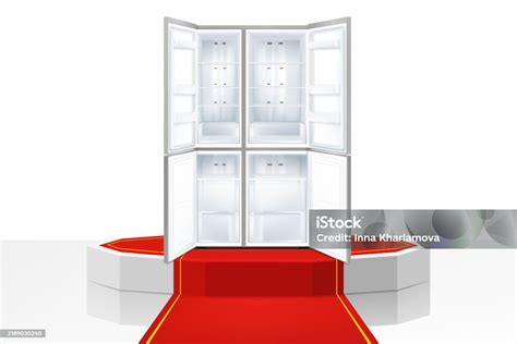 빨간 길과 양문 냉장고가 있는 조명이 켜진 연단 또는 받침대 문이 열린 냉장고 가전 제품의 현대적이고 현실적인 3d 벡터 그림