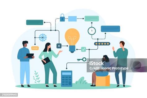 다이어그램을 사용하여 비즈니스 프로젝트를 계획하고 작은 사람들이 아이디어를 구현하는 단계를 계획합니다 개념에 대한 스톡 벡터 아트 및 기타 이미지 Istock