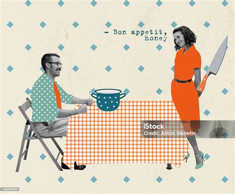 현대 미술 콜라주 복고풍 스타일의 창의적인 디자인 등 뒤에 칼을 들고 서 있는 아름다운 여자와 독이 든 음식을 먹는 남자 영화 리메이크 사랑에 대한 스톡 사진 및 기타