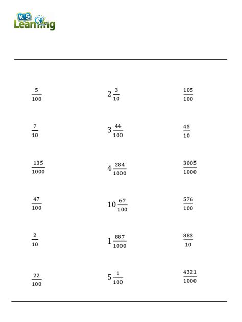 Grade 5 Convert Fractions To Decimals Denominators Of 10 100 1000 Pdf
