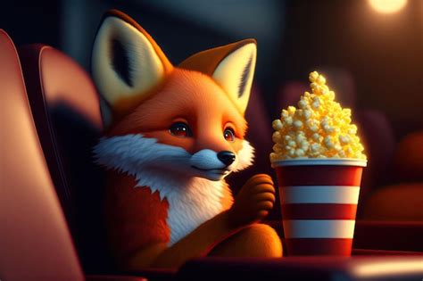 Premium Ai Image Fox At Cinema Watching Movie With Popcorn