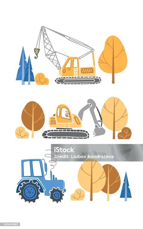 건설 장비의 어린이 세트 스칸디나비아 스타일의 소년을위한 만화 일러스트 레이션 수송 기계 굴삭기 트랙터 크레인 나무 포스터 카드 책 디자인 요소에 대한 0명에 대한 스톡