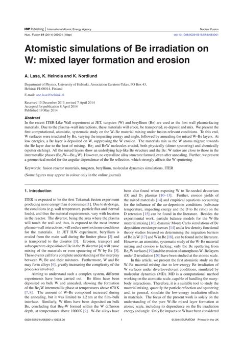 Pdf Atomistic Simulations Of Be Irradiation On W Mixed Layer Formation And Erosion