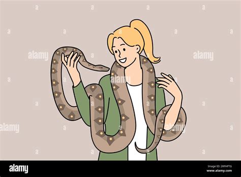 Woman With Long Snake Around Neck Smiles Enjoying Communication With