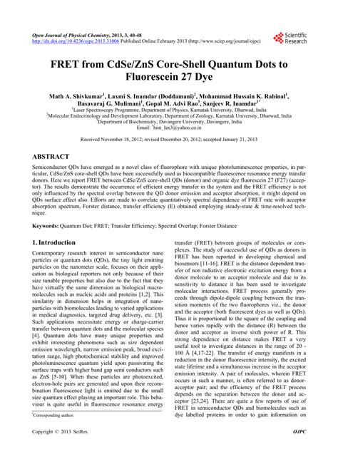 Pdf Fret From Cdsezns Core Shell Quantum Dots To Fluorescein 27 Dye