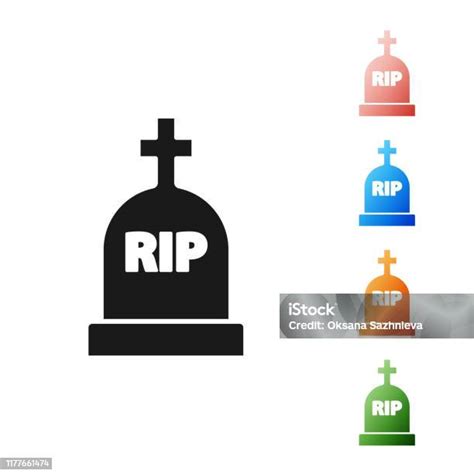 흰색 배경에 격리 된 Rip가있는 검은 색 삭제 표시 아이콘이 있습니다 무덤 아이콘입니다 다채로운 아이콘을 설정합니다 벡터