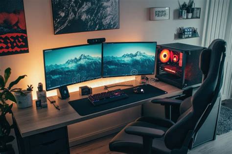 High Tech Dual Monitor Home Office Setup With Ergonomic Chair And Professional Lighting Stock