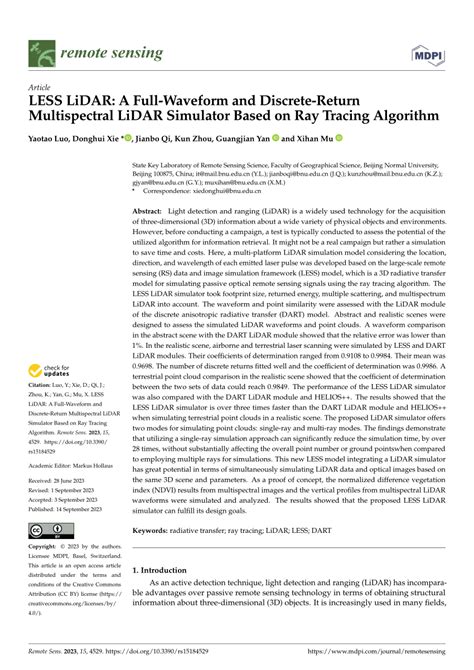 Pdf Less Lidar A Full Waveform And Discrete Return Multispectral Lidar Simulator Based On Ray
