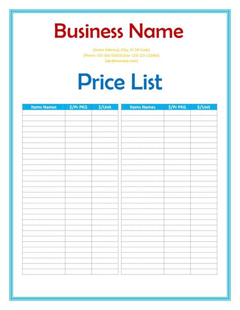 Pricing Sheet Template
