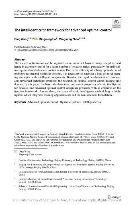 The Intelligent Critic Framework For Advanced Optimal Control Request Pdf