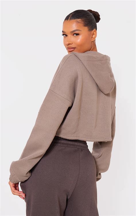 Taupe Toggle Waist Zip Up Cropped Hoodie Athleisure Plt