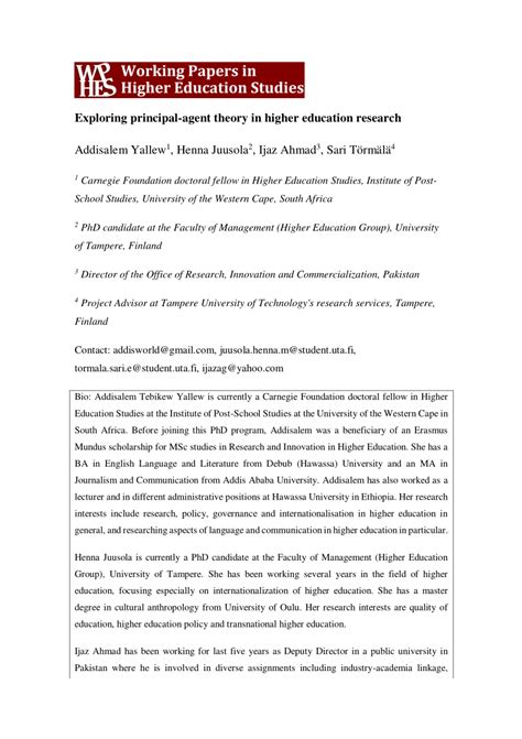 Pdf Exploring Principal Agent Theory In Higher Education Research Exploring Principal Agent
