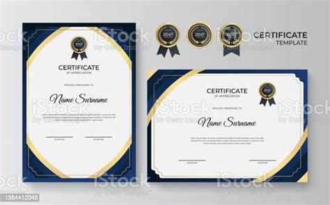 현대 블루 와 골드 인증서 템플릿 수상 비즈니스 및 교육을 위한 배지가 설정된 디플로마 인증서 테두리 템플릿 감탄에 대한 스톡