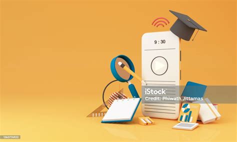 스마트 폰과 대학원 모자 오픈 북 풍선 통치자 통계 그래프 파란색과 노란색 배경 3d 렌더에 연필과 돋보기로 둘러싸인 Wifi 기호가있는 E러닝 개념 3차원 형태에 대한