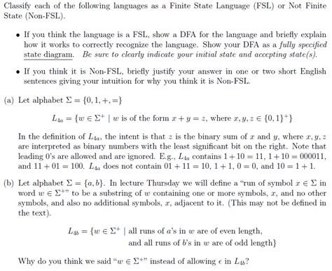 Solved Classify Each Of The Following Languages As A Finite