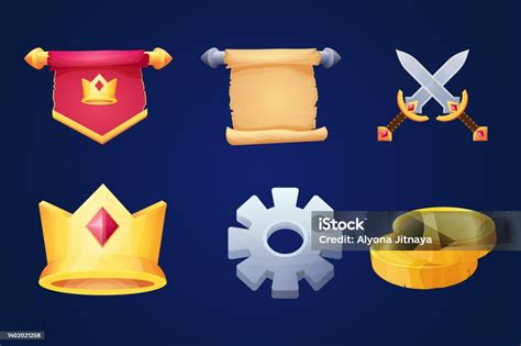 게임 아이콘 중세 깃발 양피지 스크롤 황금 왕관 흰색 배경에 고립 된 만화 스타일로 기호와 동전을 설정합니다 아이콘에 대한 스톡 벡터 아트 및 기타 이미지 Istock