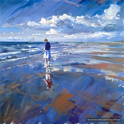 Ai创作图手绘海边散步的女孩 抽象画海边 海滩漫步插画 手绘海边散步的小姑娘 大海蓝色调油画 海边走过的女孩 海边女孩插画 女学生海边插画 海边行走的女孩 海天一色油画 碧海蓝天美术绘画 海边