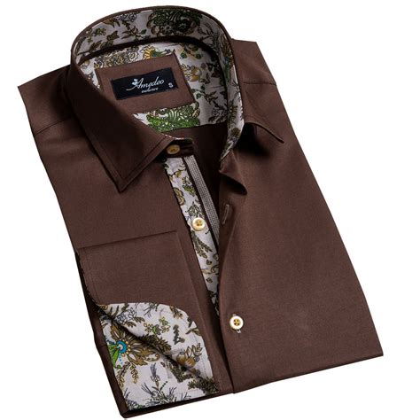 Solid Choclate Brown Mens Slim Fit French Cuff Shirts With Cufflink
