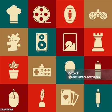 롤링 핀 피트니스 셰이커 체스 기호 미식 축구 공 스테레오 스피커 퍼즐 조각 요리사 모자 및 그림 풍경 아이콘을 설정합니다 벡터