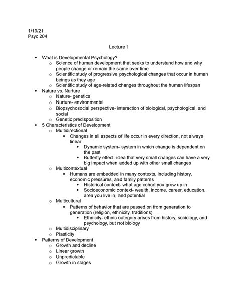 lecture notes 1 1 19 psyc 204 lecture 1 what is developmental psychology o science of human