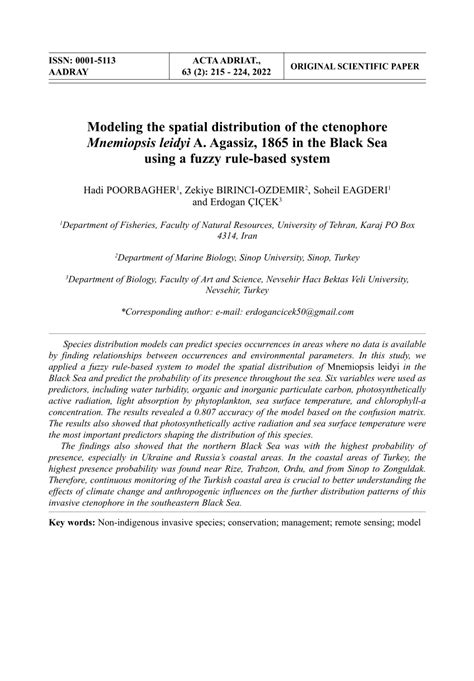 Pdf Modeling The Spatial Distribution Of The Ctenophore Mnemiopsis Leidyi A Agassiz 1865 In