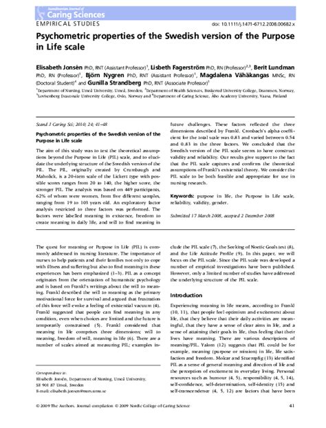 (PDF) Psychometric properties of the Swedish version of the Purpose in Life scale