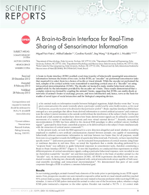 pdf a brain to brain interface for real time sharing of sensorimotor information miguel pais